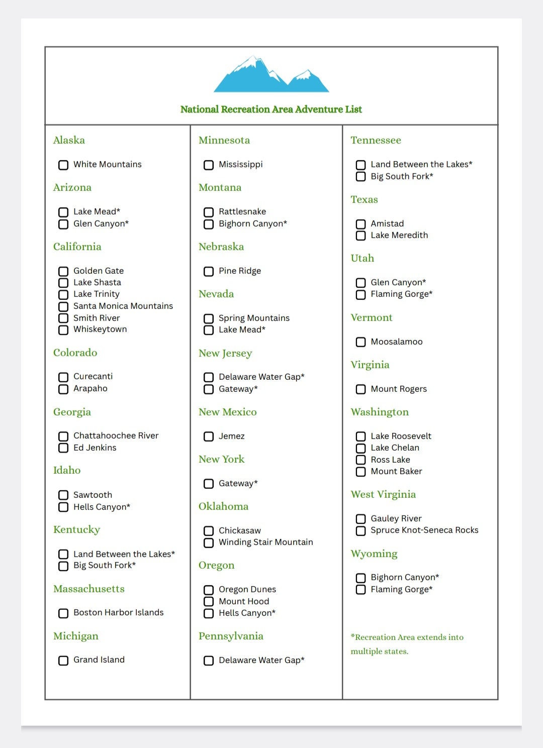 National Recreation Areas Checklist - Printable National Recreation ...