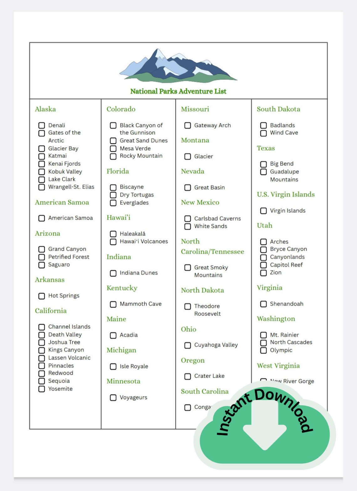 National Parks and Forests Checklist - Printable National Parks and ...