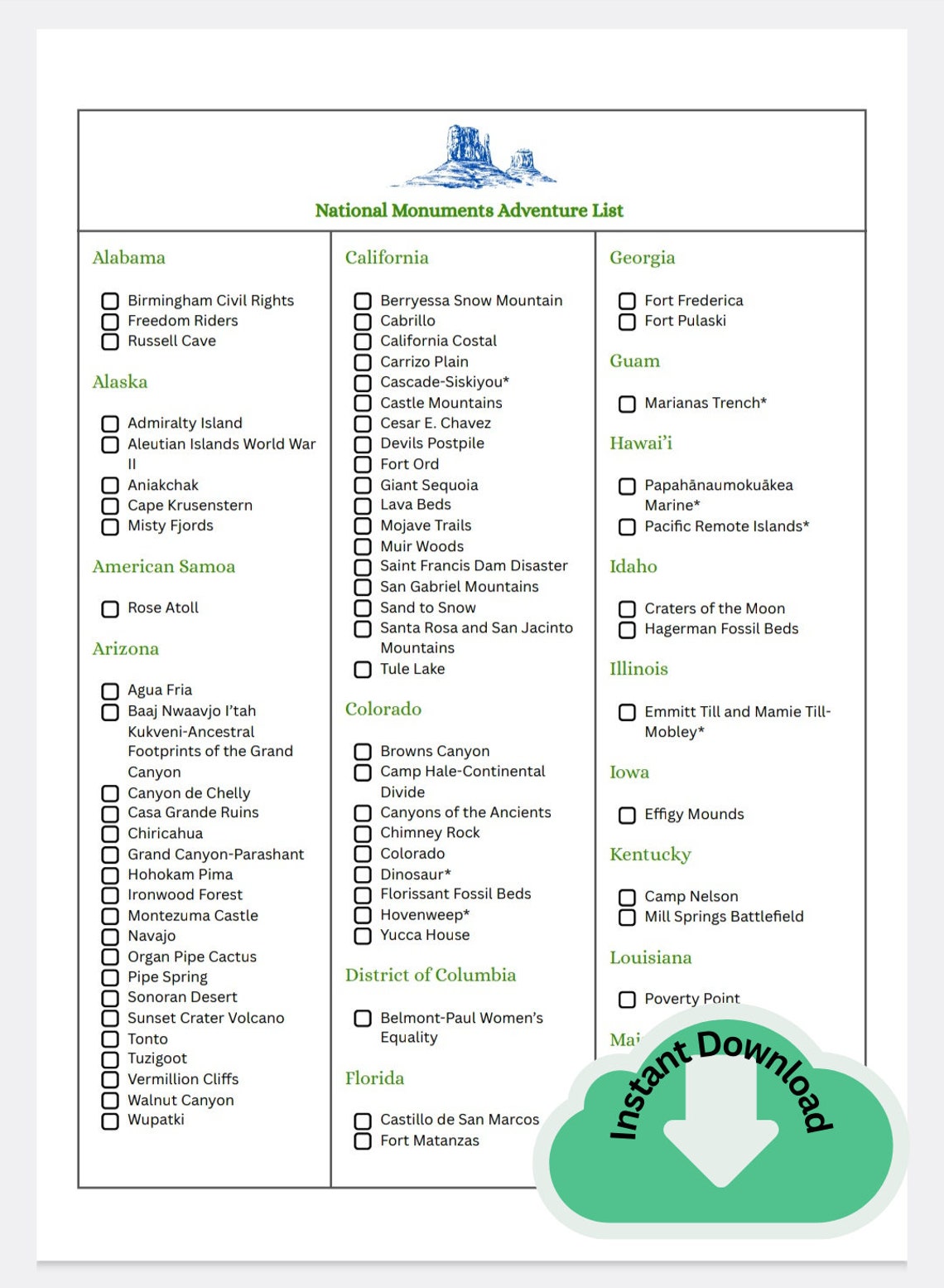 National Monuments Checklist - Printable National Monuments Road Trip ...