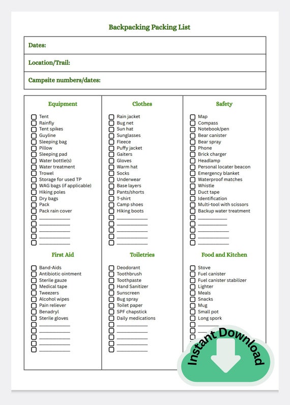 Backpacking Checklist Printable