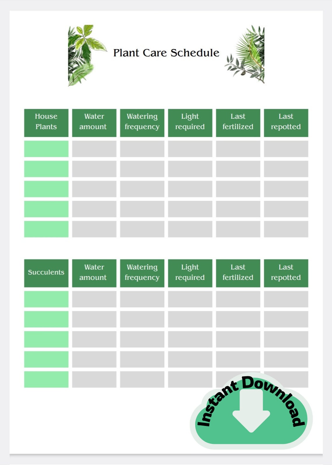 Plant Care Printable - Plant Care Chart - Printable Plant Care Schedule ...