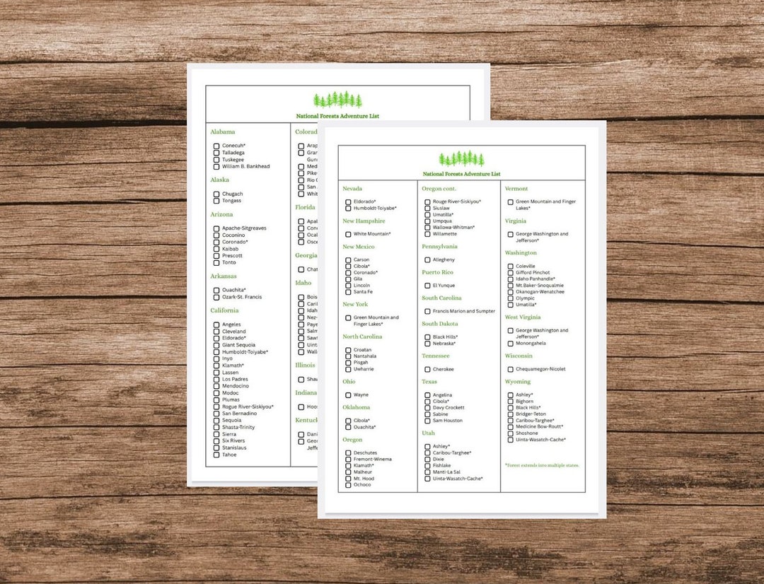 National Forests Checklist - Printable National Forests Road Trip ...