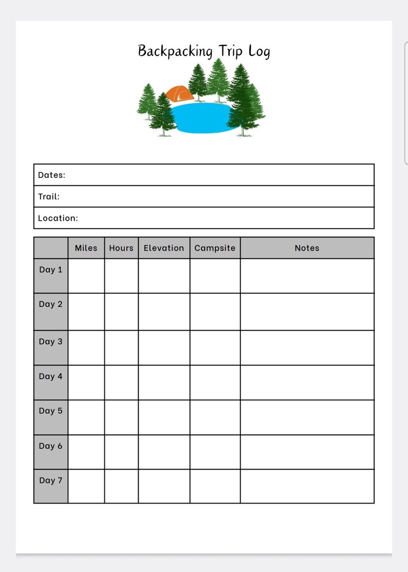 Backpacking Trip Log - Printable Backcountry Hiking Trip Tracker ...