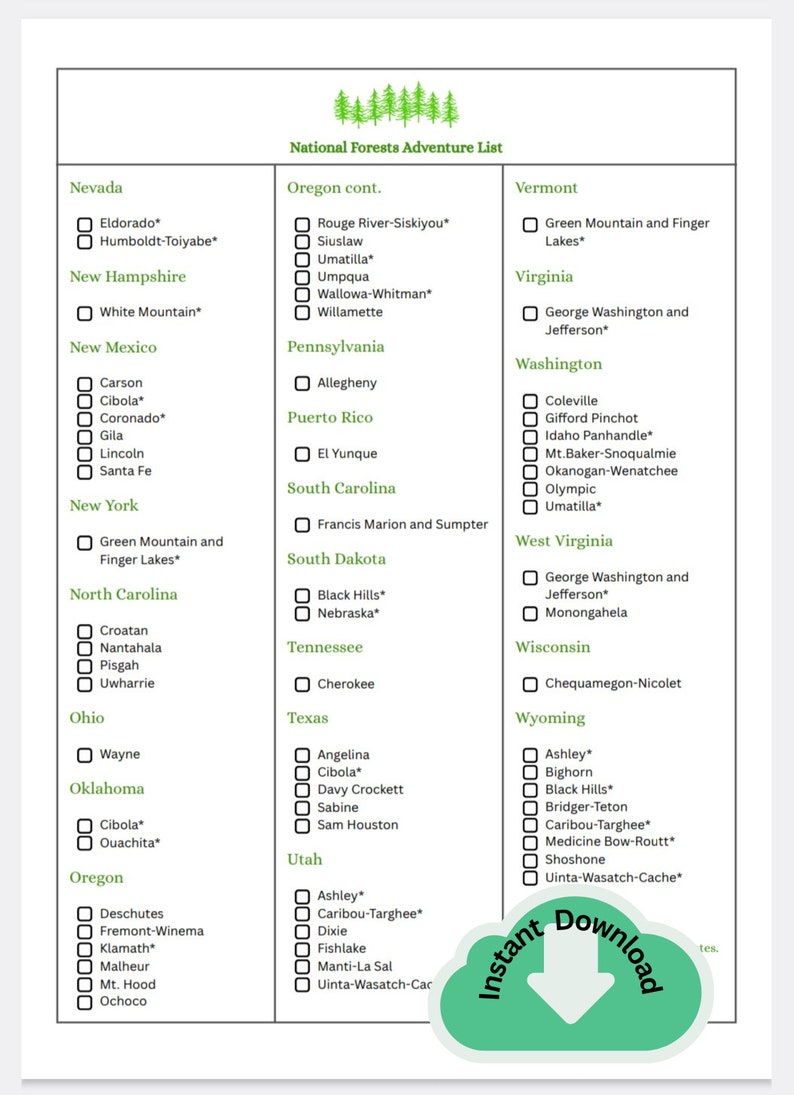 National Parks and Forests Checklist Printable National Parks and ...