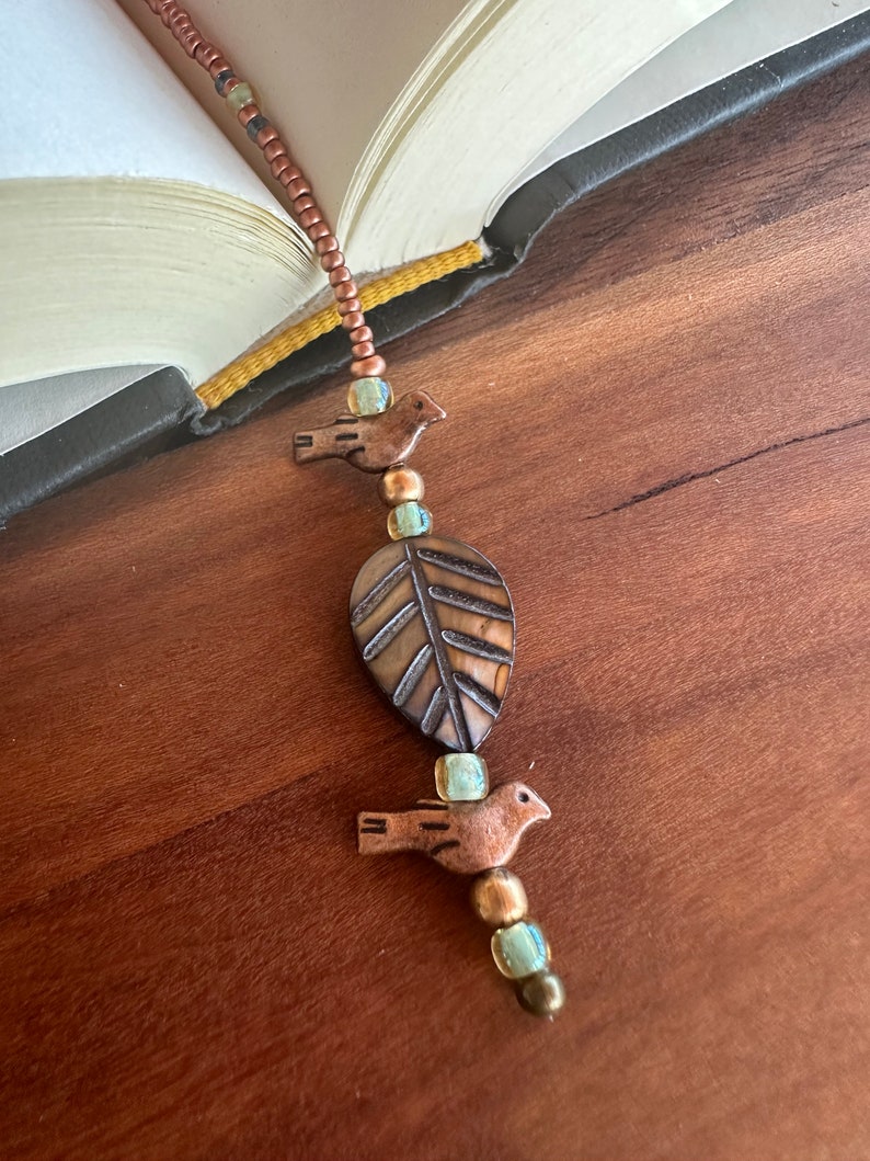 Copper Bird & Blue Shell Leaf Beaded Bookmark, Birthday Gift, Reader ...