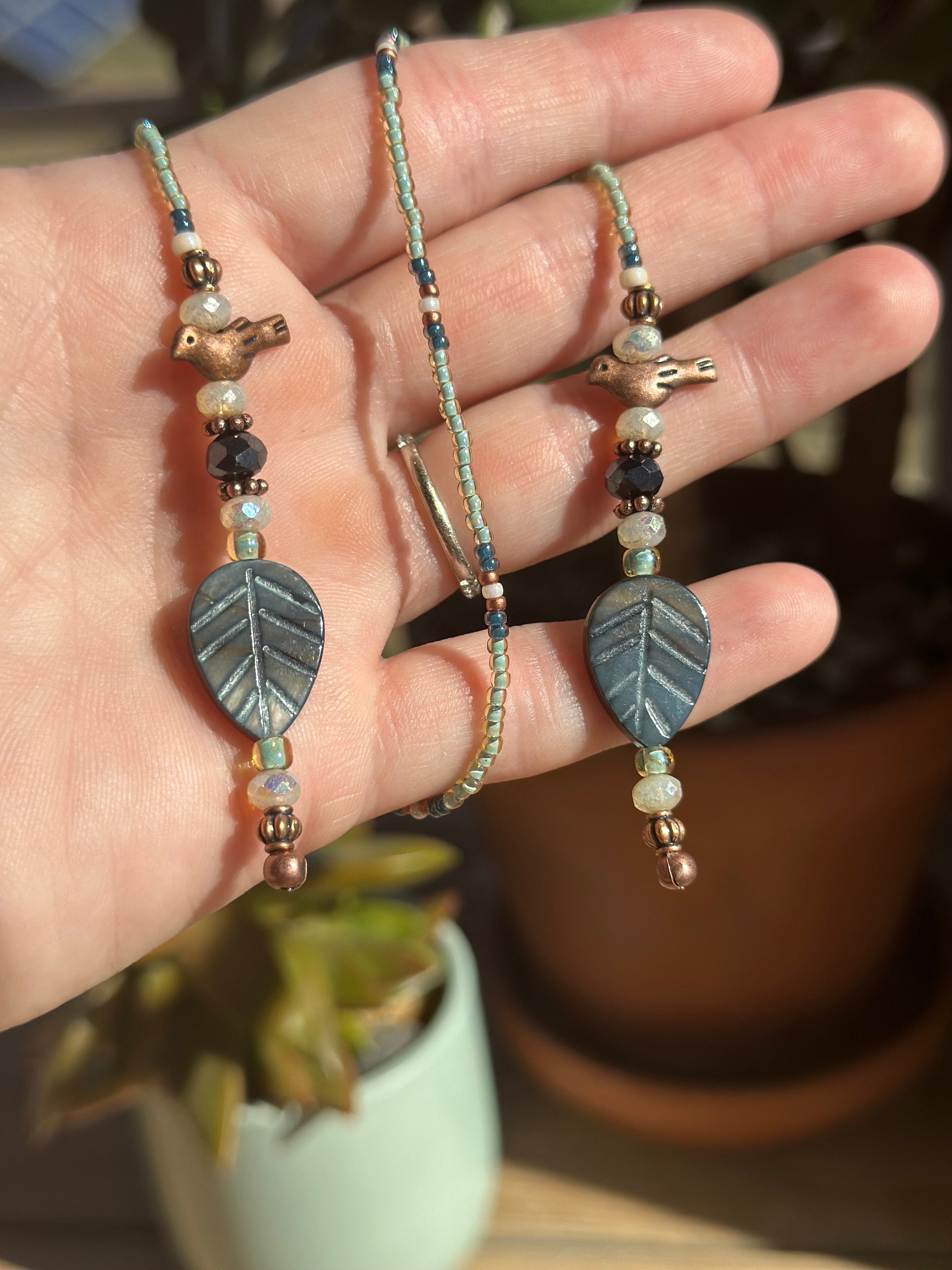 Copper Bird & Blue Shell Leaf Beaded Bookmark - Etsy