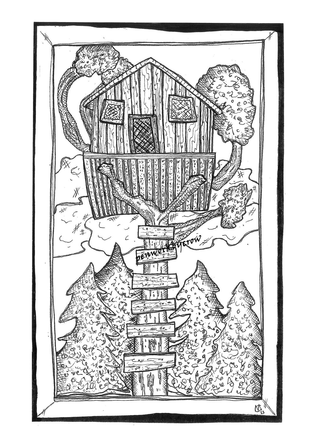 Treehouse, Tree, House, Illustration, Line Art, Black and White, Art ...