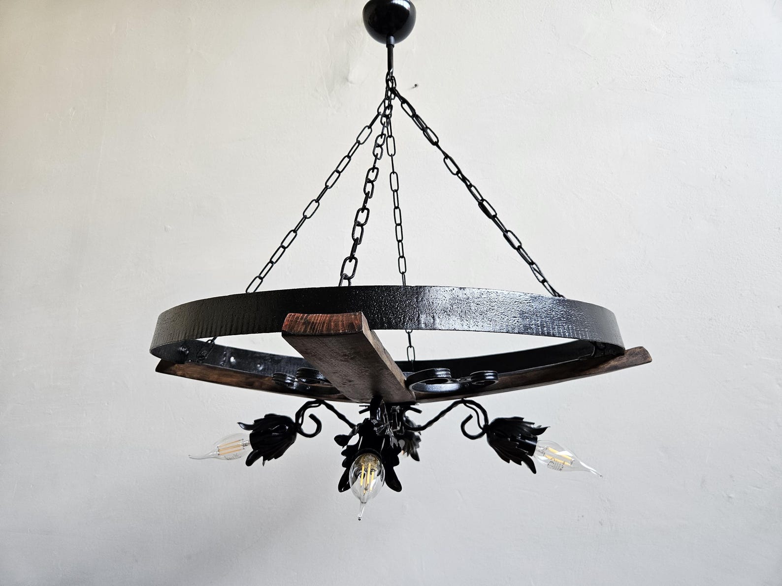 Oak Barrel Pendant Light, Chandelier With Wrought Iron Details, Rustic ...