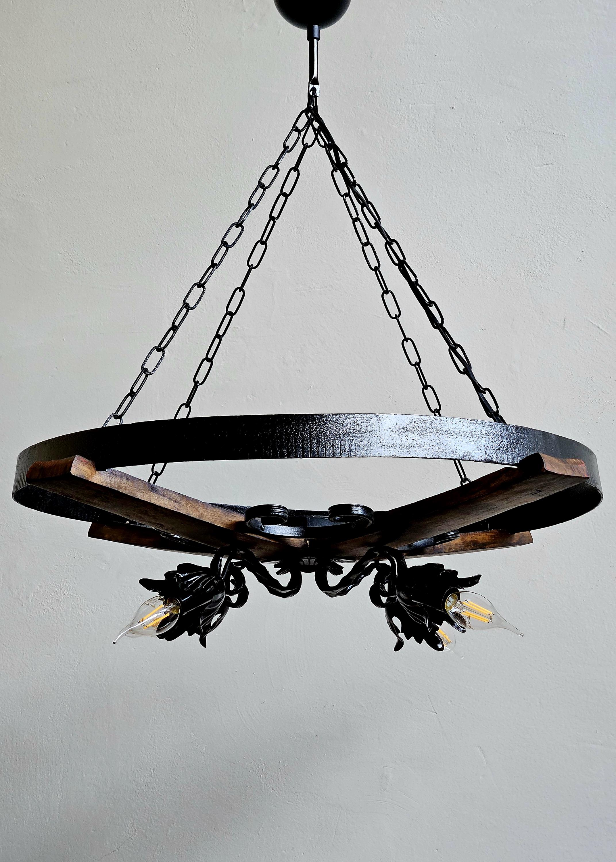 Oak Barrel Pendant Light, Chandelier With Wrought Iron Details, Rustic ...