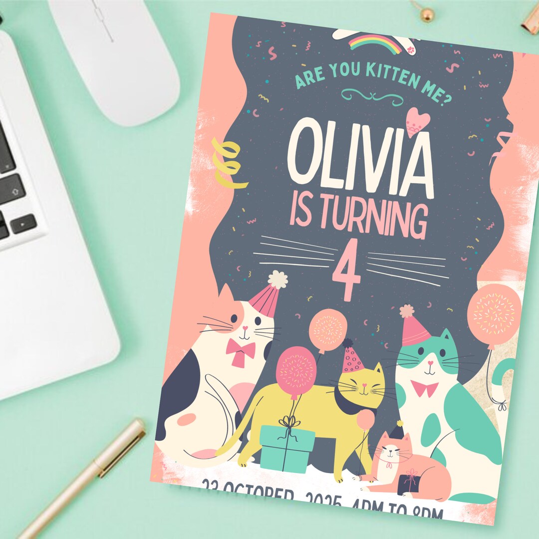 Editable Colorful Cat Birthday Party Invitation, Editable Invitation ...
