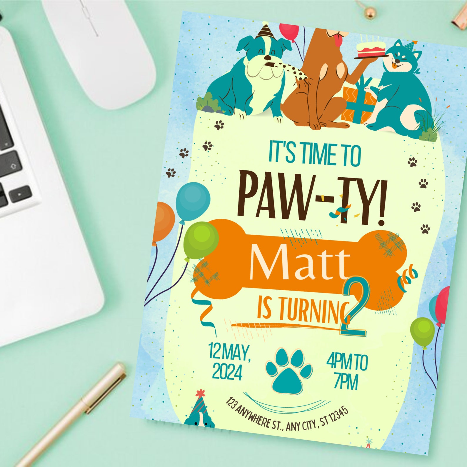Colorful Cute Dog Birthday Pawty Party Invitation Birthday - Etsy