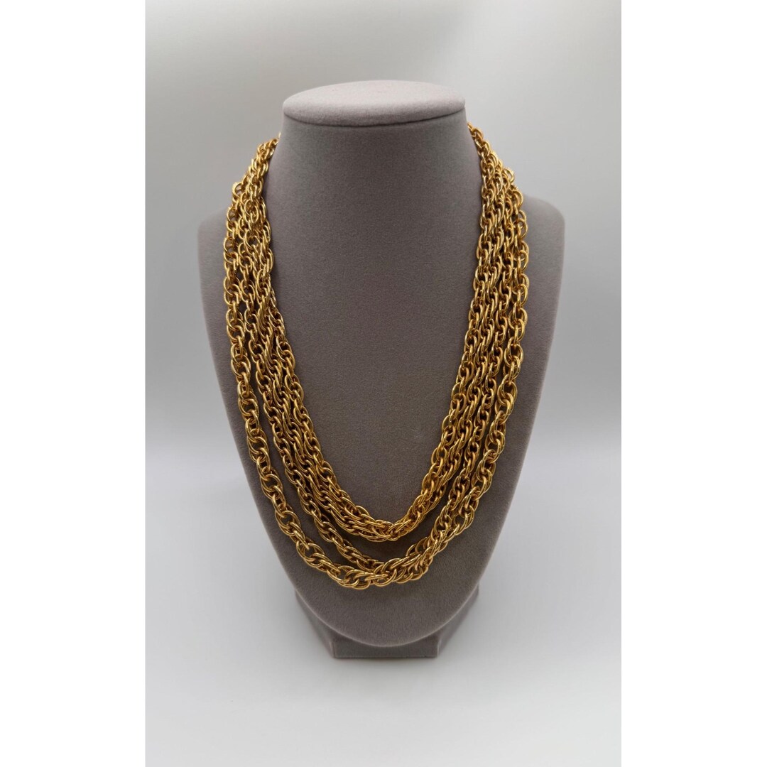 Vintage Gold Tone Multi 4 Strand Chain Necklace Heavy Layered Statement ...