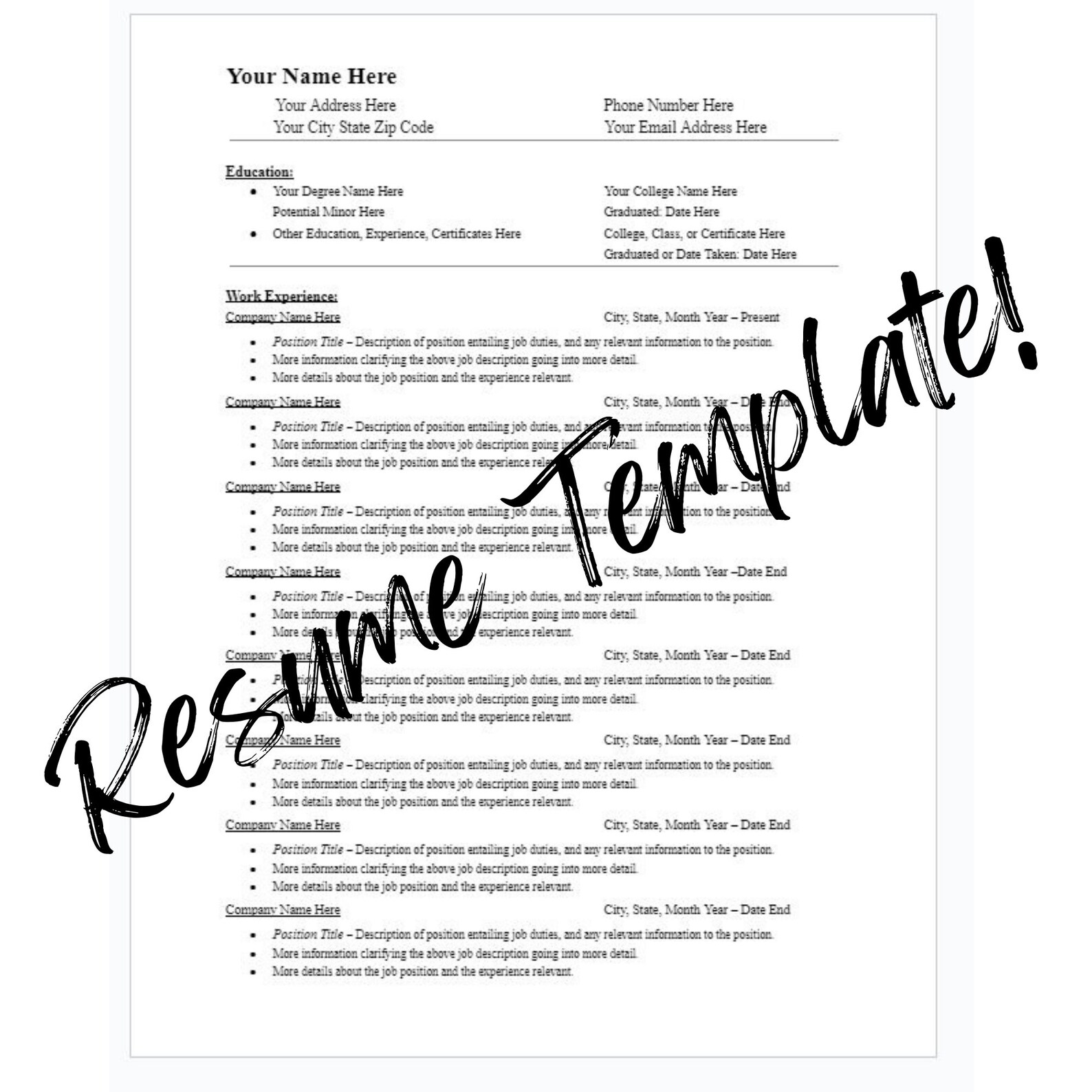 Simple Resume Template - Digital Download With Multiple File Types ...