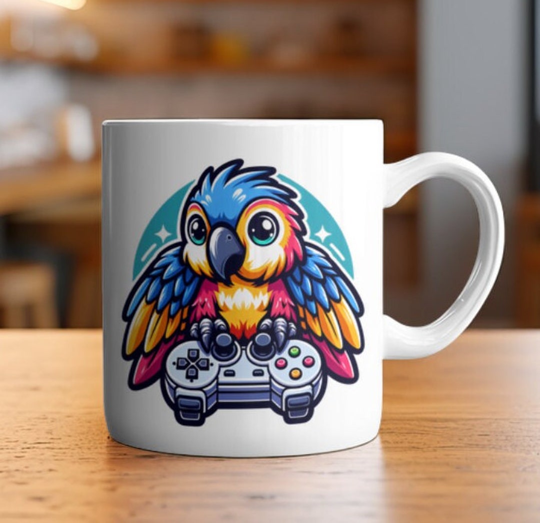 Geeky Parrot Gamer Mug Adorable Bird Playing Video Games Controller Cup ...