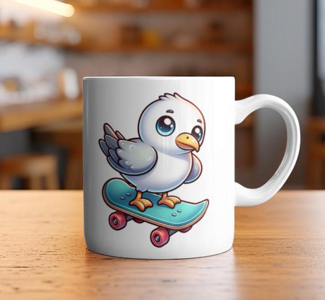 Cute Seagull Skateboard Mug Beach Bird Shredding Tricks on Board Skate ...