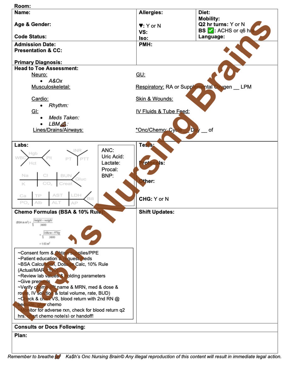 Oncology Nursing Report Sheet, Med-surg Report Sheet, Tele Report Sheet ...