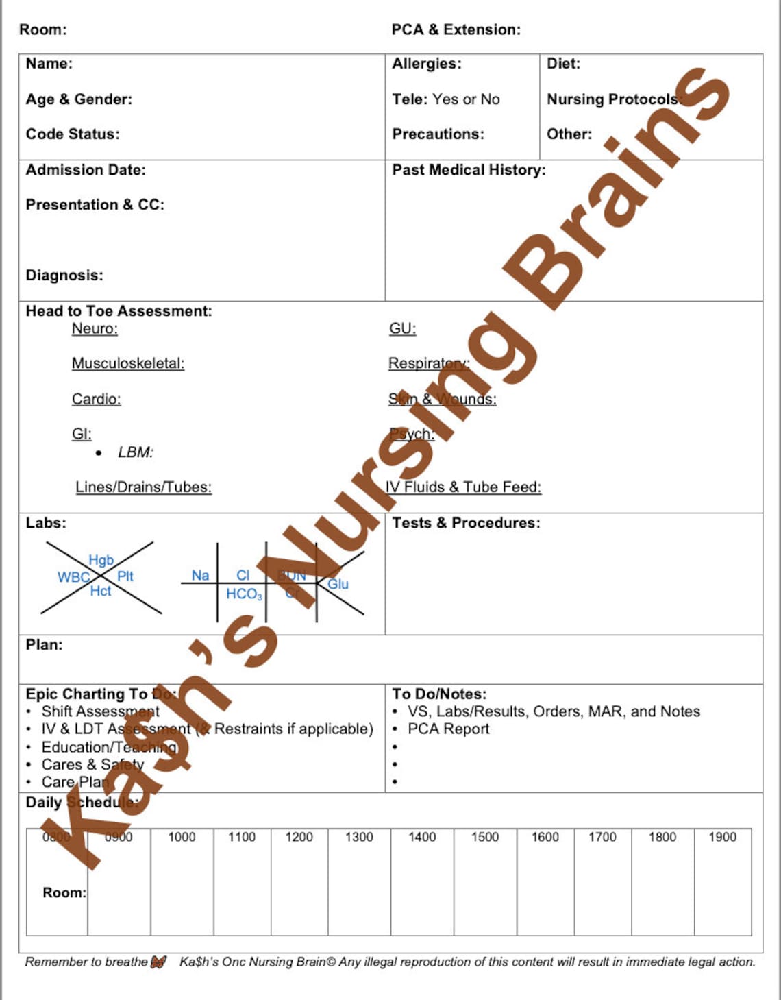 New Grad Nursing Report Sheet, Med-surg Report Sheet, Tele Report Sheet ...