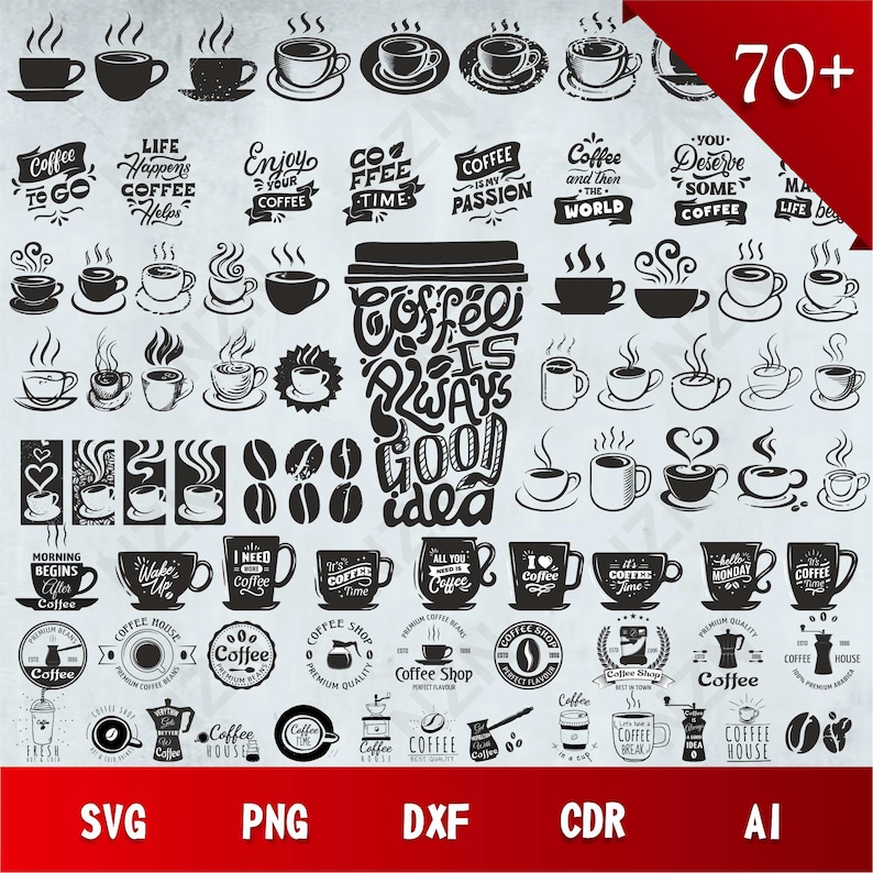 Coffee Clipart Bundle, Vector Files, .png, .svg, .dxf, .cdr, .ai, Ready ...