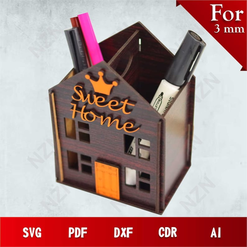 Pen Holder Laser Cut SVG, Laser Cut Wood Organizer, Vector Files, .png ...