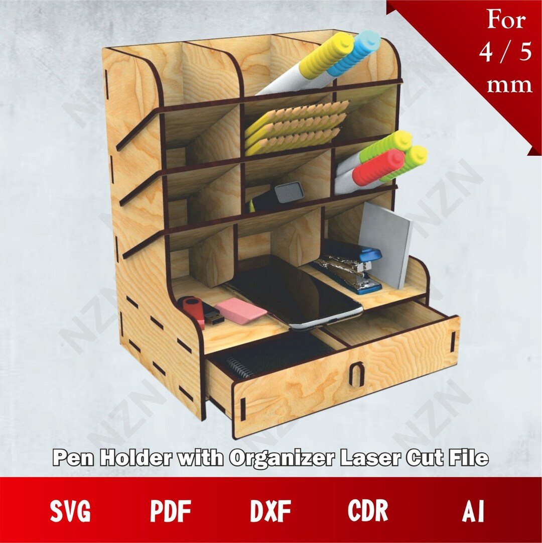 Pen Holder Laser Cut SVG, Laser Cut Wood Organizer, Vector Files, .png ...