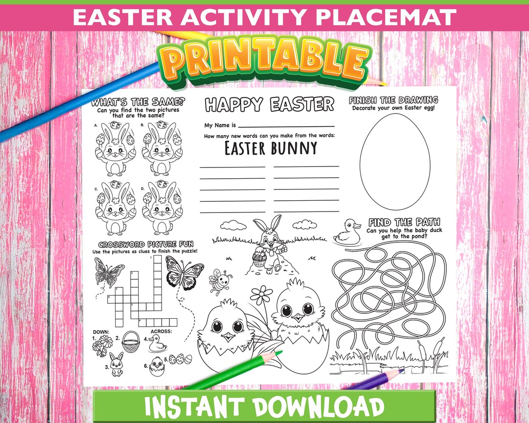 Happy Easter Activity & Coloring Placemat for Kids Printable, Easter ...