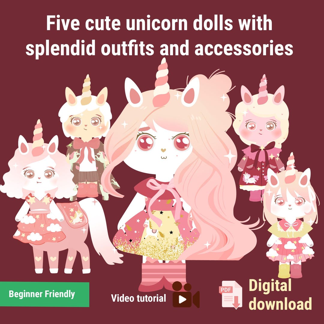 Unicorn Printable Paper Doll Craft Kit 6 Cute Unicorn Dolls, Outfits ...