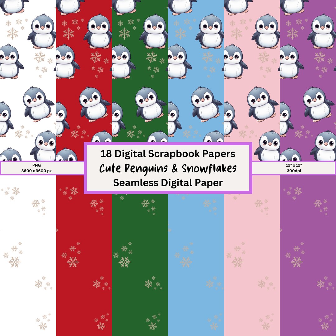 Penguin Digital Scrapbook Paper Penguins and Snowflakes Patterned Paper ...
