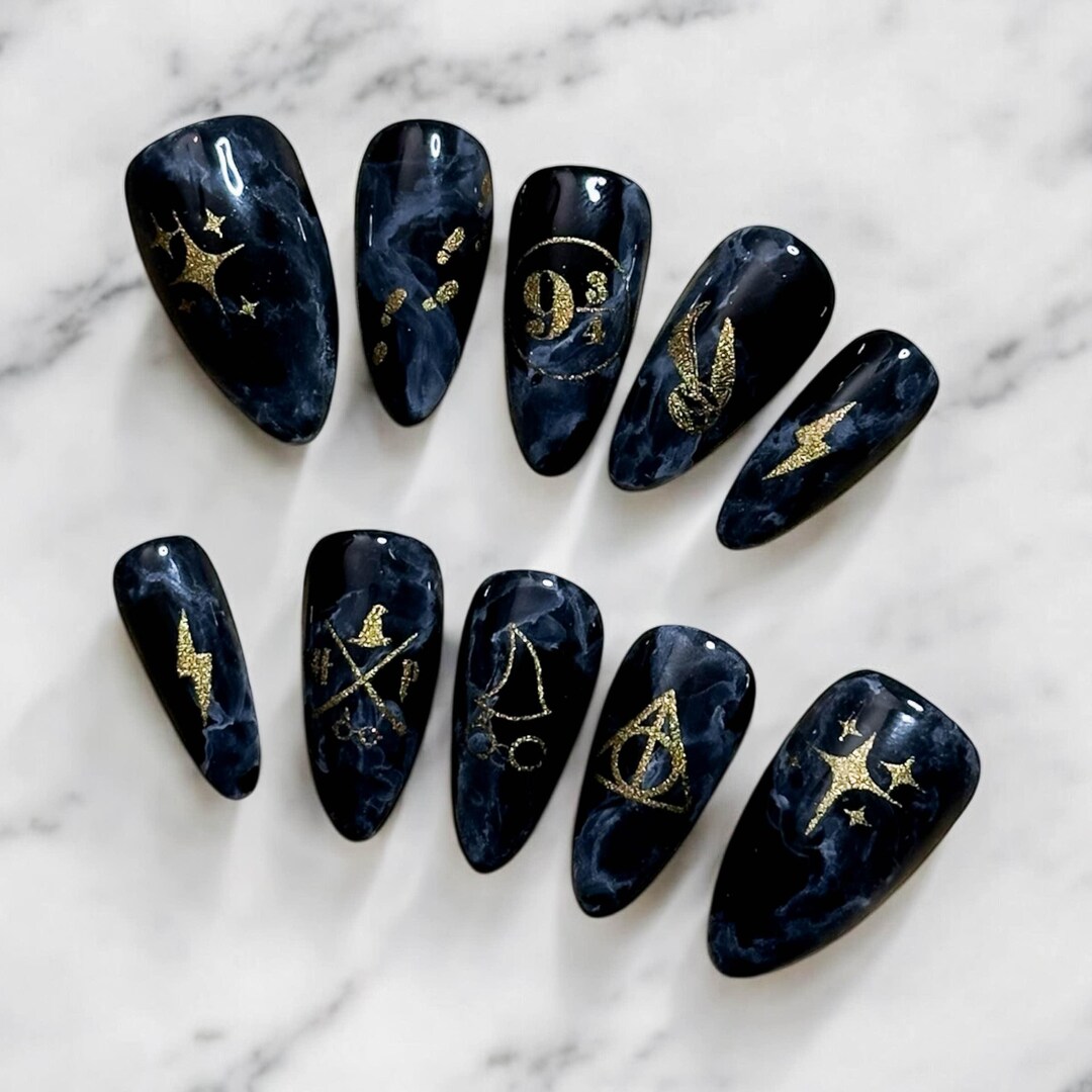 Black and White Marble Wizard-inspired Gold Accent Press-on Nails - Etsy