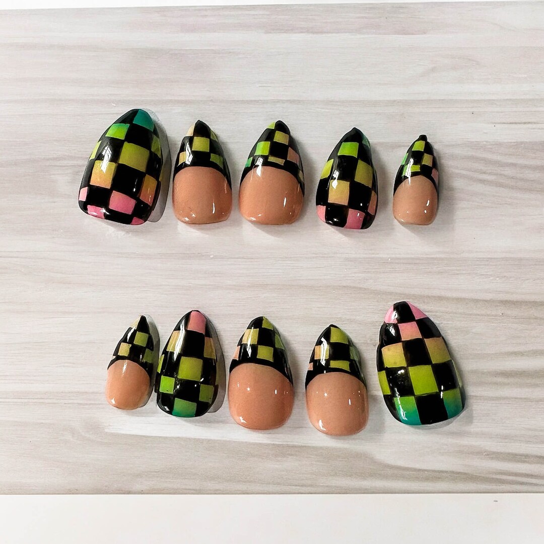 Rainbow Checkerboard Press on Nails - Etsy