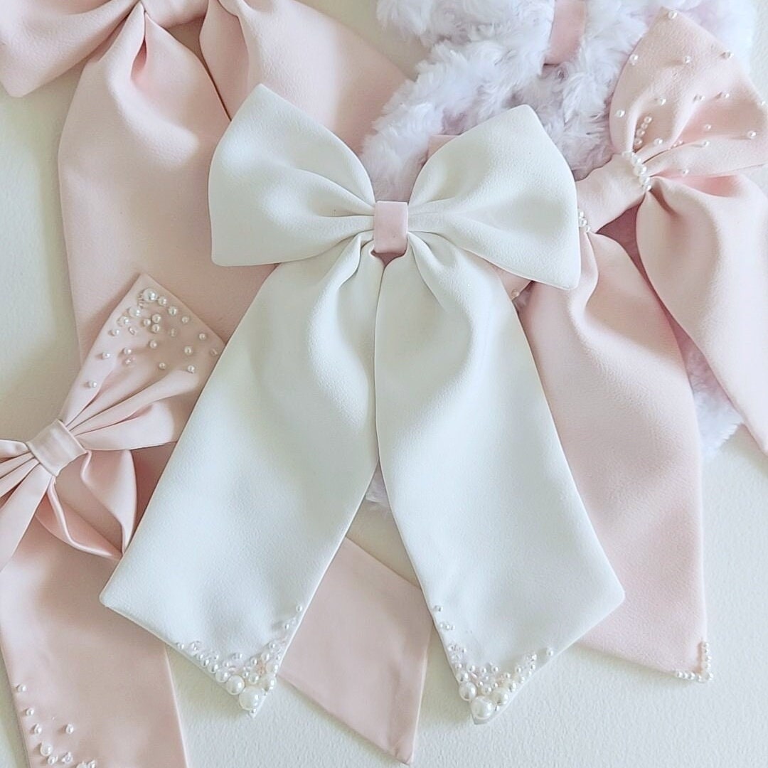 Large Pearl Beaded White Satin Bow - Etsy