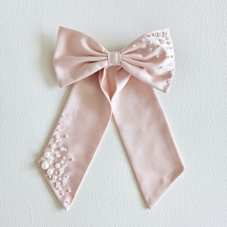 Large Pearl Beaded Pink Satin Bow - Etsy