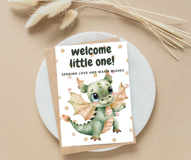 Digital Cute Dragon Welcome Little One Card Baby Congratulations Card ...
