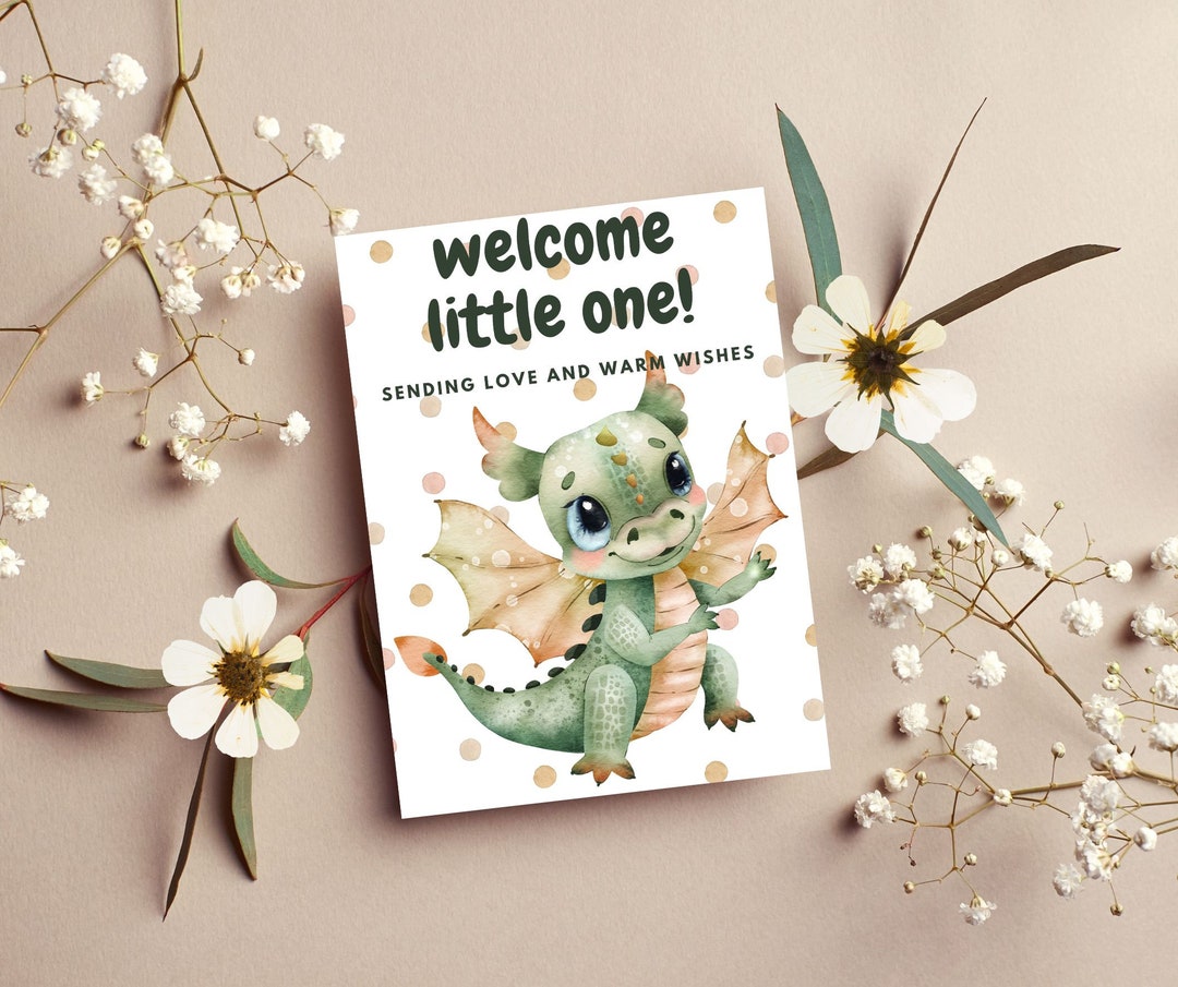 Digital Cute Dragon Welcome Little One Card Baby Congratulations Card ...