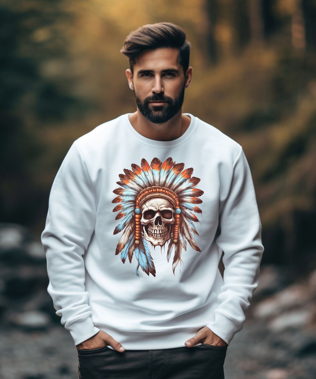 Native American Skull Chief Head Dress Crewneck Sweatshirt Native ...