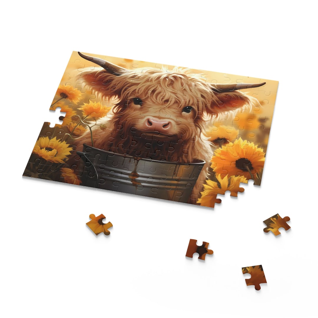 Highland Cow Puzzle Cute Baby Highland Cow in Bucket Surrounded by ...