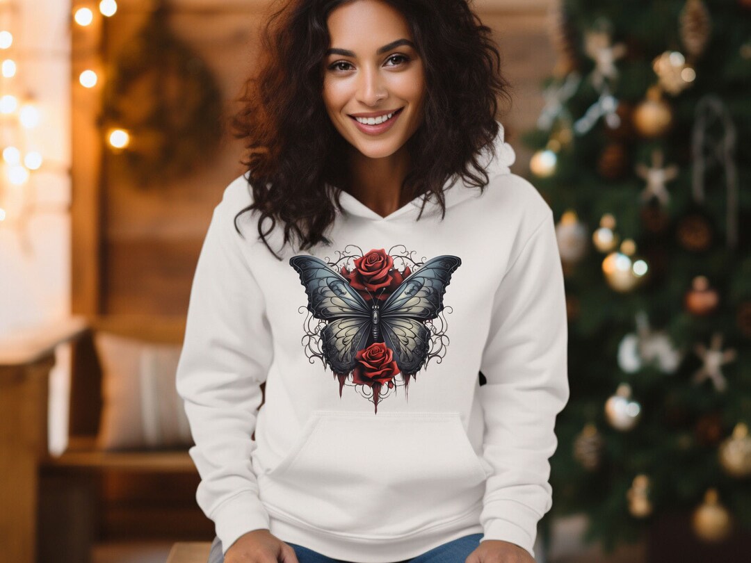 Gothic Butterfly With Roses Hoodie Gothic Butterfly and Red Roses ...