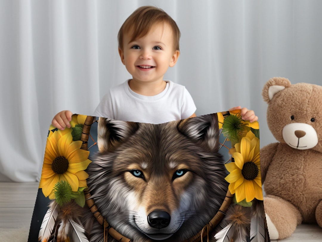Native American Wolf With Sunflowers in a Dreamcatcher Sherpa Blanket ...