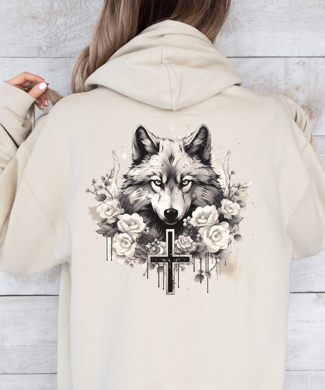 Wolf With Cross and Flowers Mens Hoodie- Wolf Howling at the Moon ...