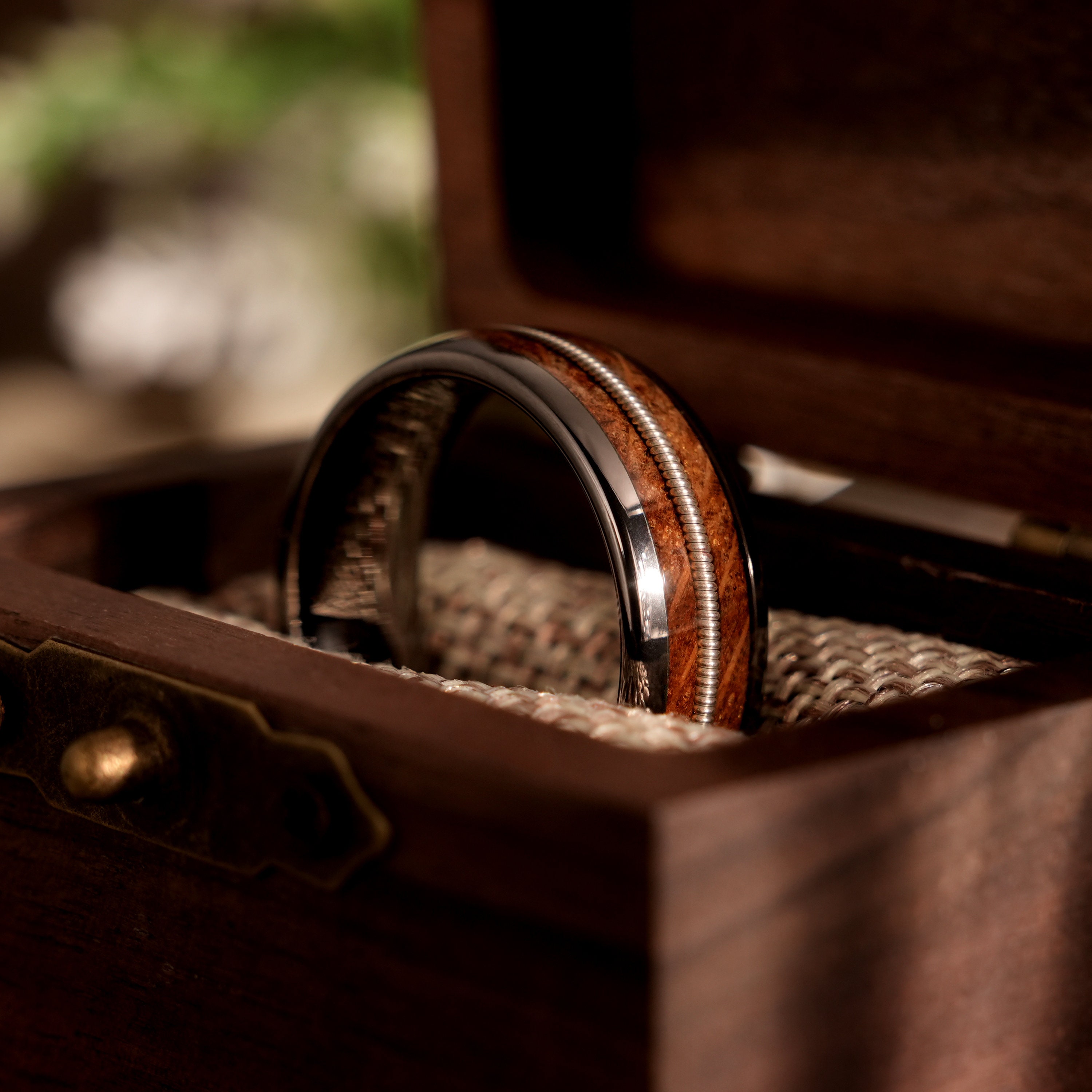 Guitar String & Whiskey Barrel Ring, Guitar String Ring, Wooden Inlay ...