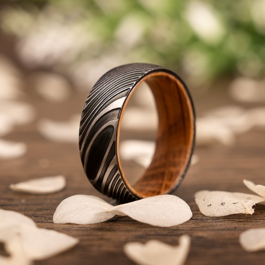 Whiskey Cask Damascus Steel Ring | Gold Steel Belt | 8mm Ring Men's ...