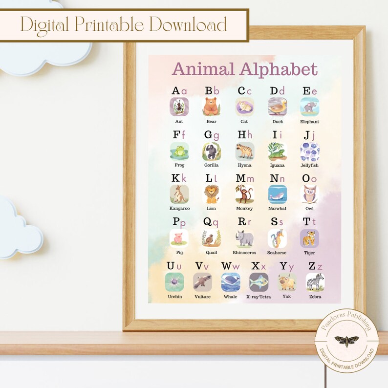 Printable Animal Alphabet Poster in Pink, Educational Digital Art ...