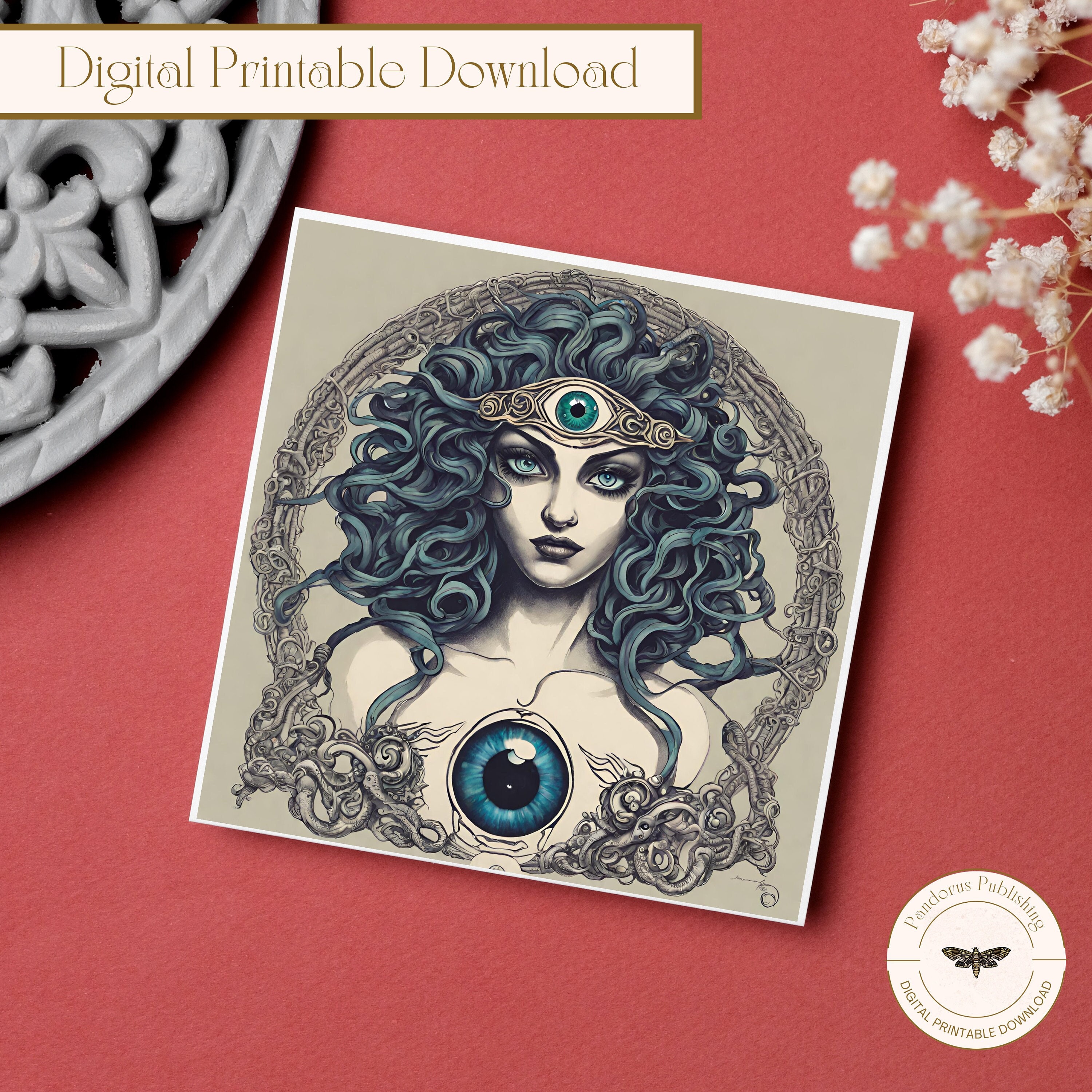 Printable Medusa Greeting Card, 5x5in Square Blank Message Card ...