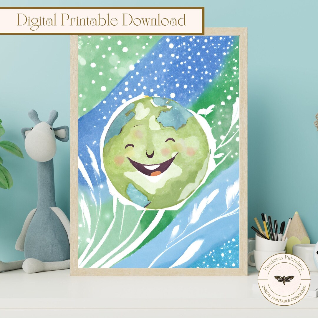 Printable Watercolour Happy Earth Poster, Nursery Wall Art, Kids ...