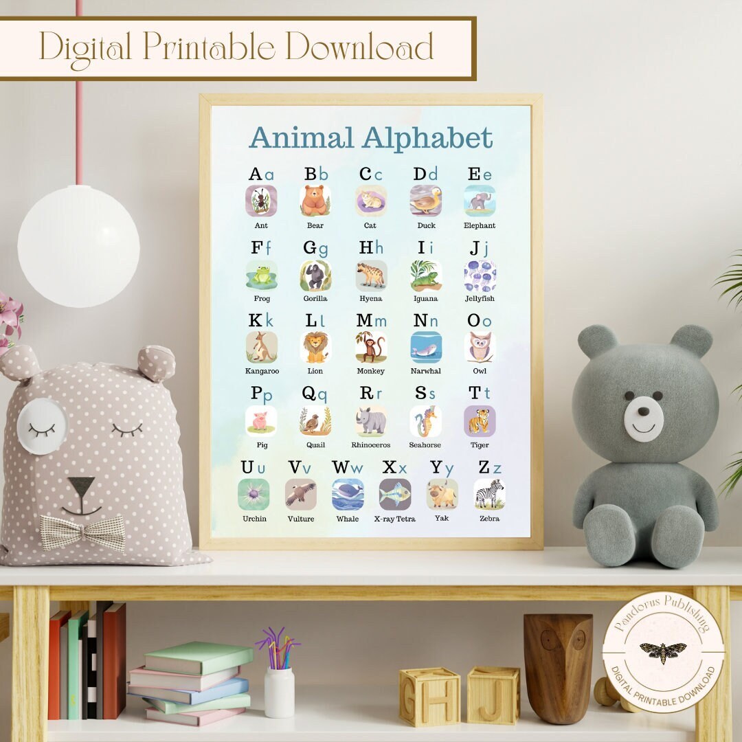 Printable Animal Alphabet Poster in Blue, Educational Digital Art ...