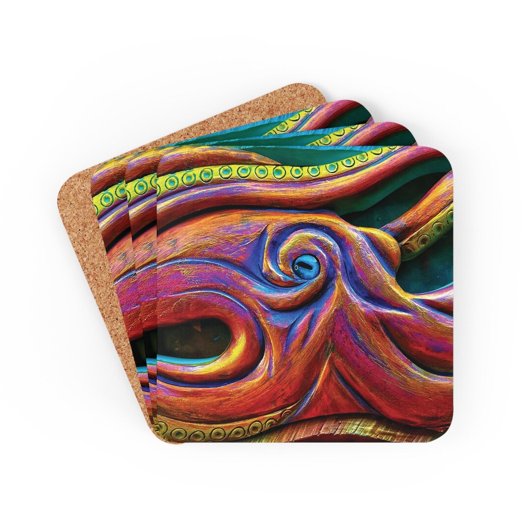 Jake Jones Gallery Colorful Octopus Corkwood Coaster Set artwork Comes ...