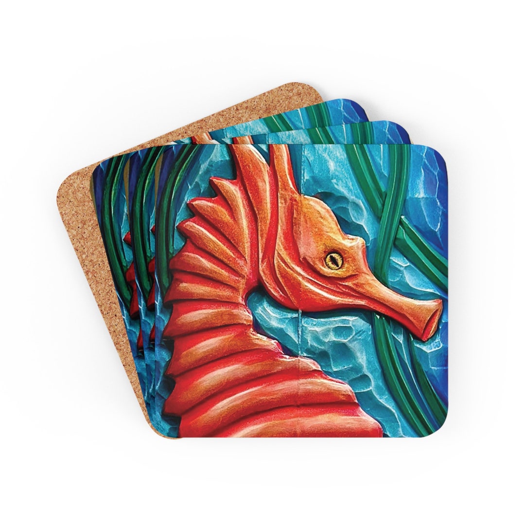Jake Jones Gallery Artistic Seahorse Corkwood Coaster Set (artwork ...