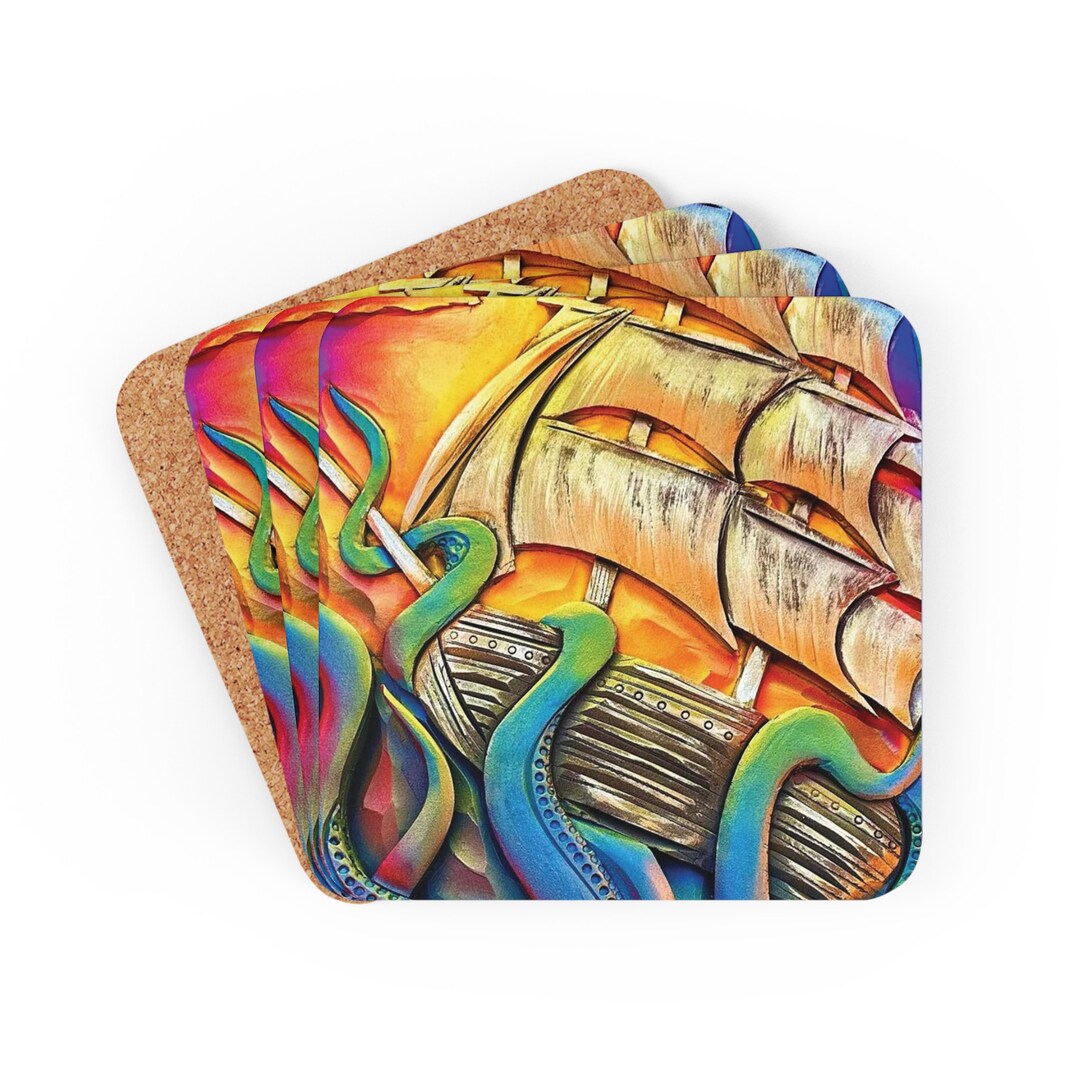 Jake Jones Gallery Octopus Shipwreck Corkwood Coaster Set artwork Comes ...
