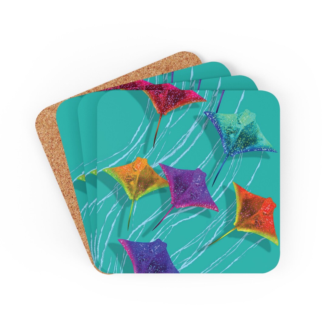 Jake Jones Gallery Colorful Stingrays Corkwood Coaster Set (artwork ...