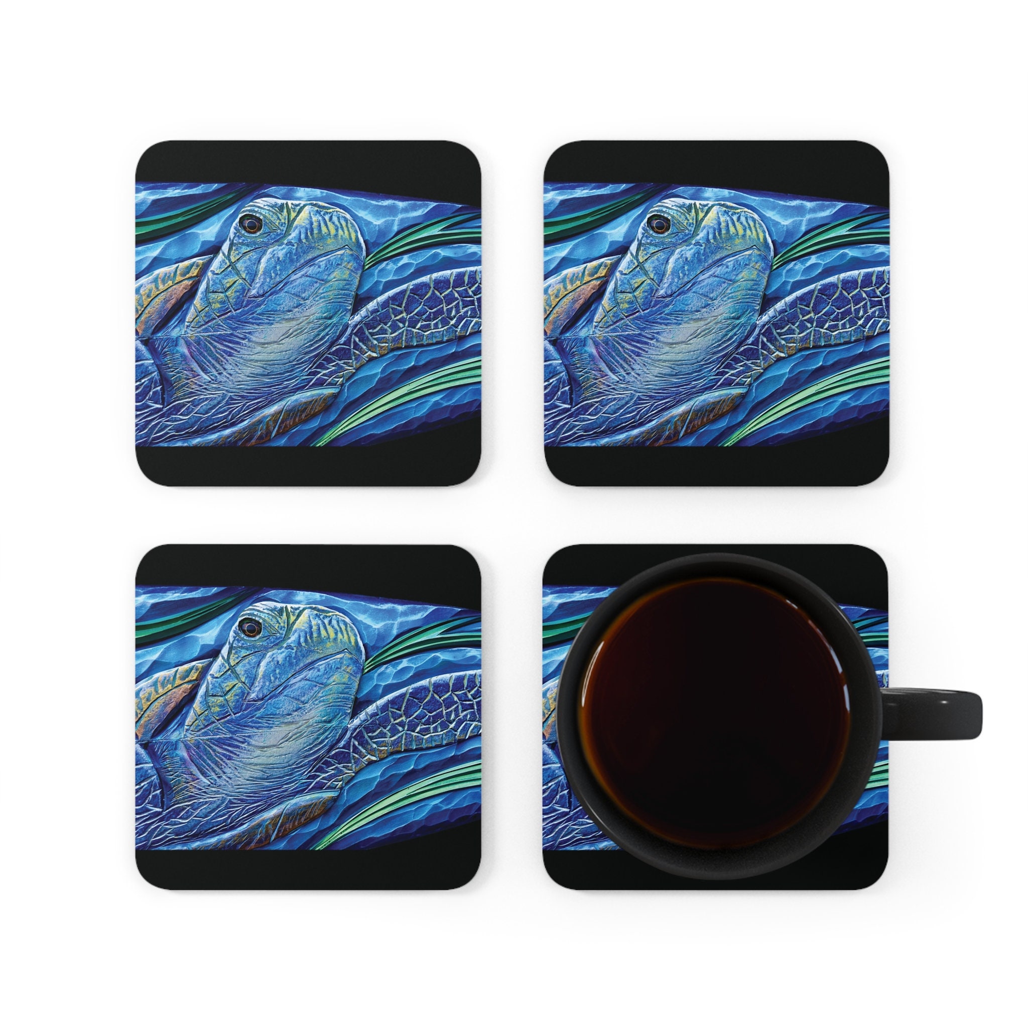 Jake Jones Gallery Sea Turtle Black Corkwood Coaster Set (artwork Comes ...