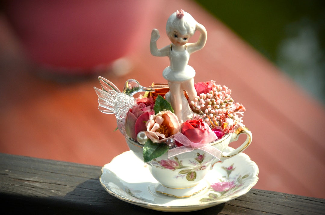 Pink BALLERINA Floral Arrangement | Teacup Assemblage Art | Gifts for ...